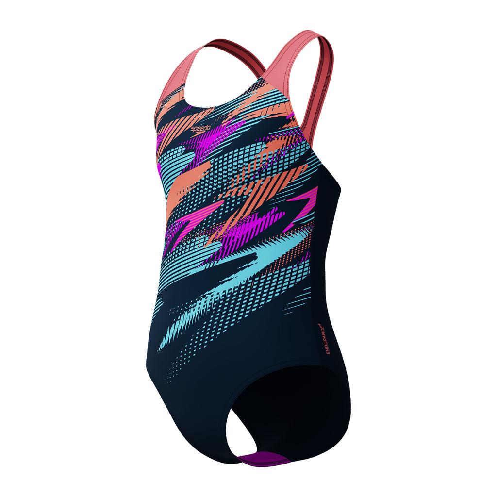 Speedo Digital Placement Splashback Girls Swimsuit - Dark Teal/Coral ...